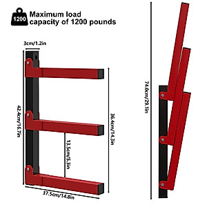 YheenLf Wall Mount Lumber Storage Rack and Garage Shelving, Foldable Wood Organizer, 4 Pack Holds Up 1200 LB with 3-Level-Indoor and Outdoor Use, 14.8 x16.7 x 1.2 Inches, Red and Black, HMBJ002R-4