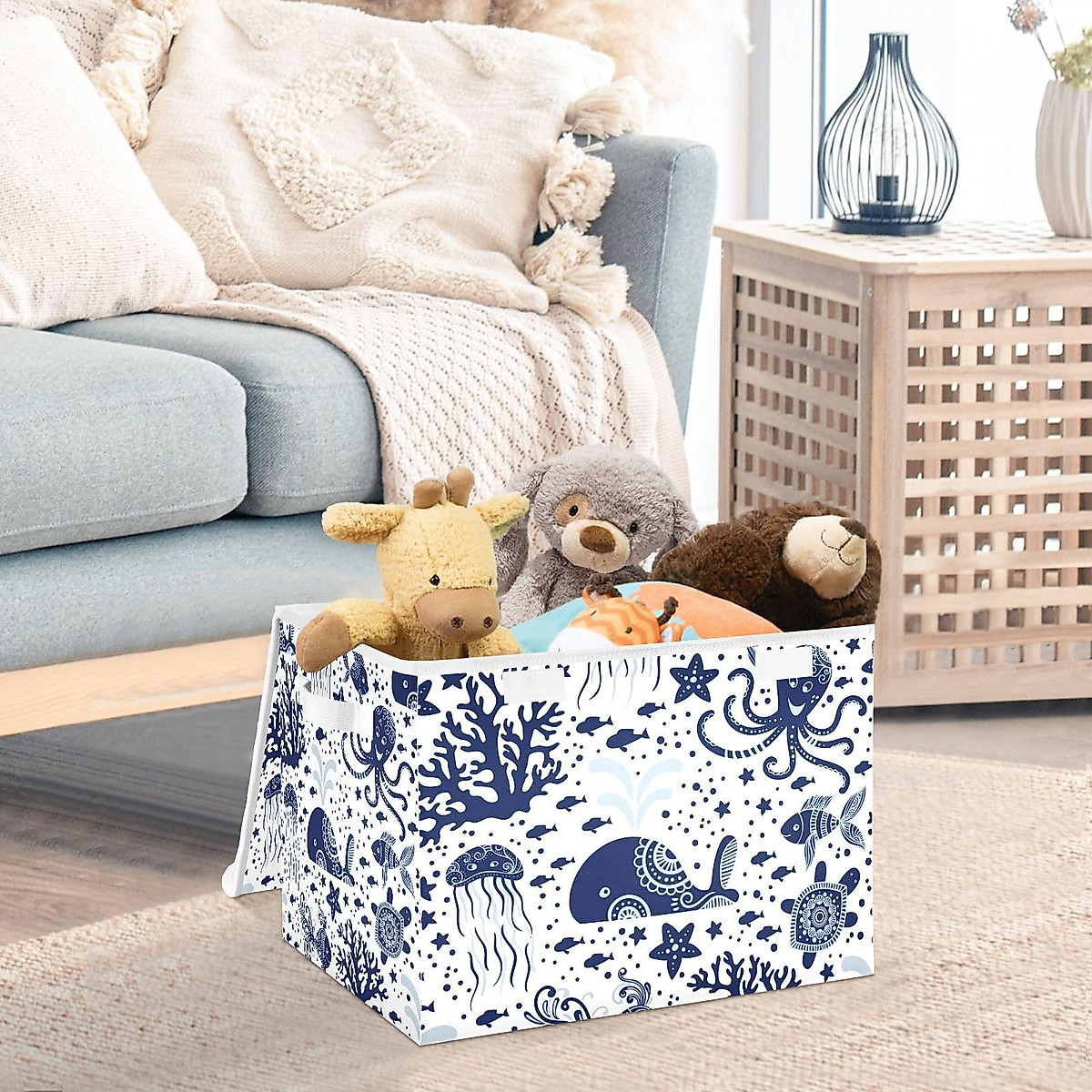 ALAZA Storage Bins Organizer Box Baskets Lidded Clothes for Shelves Closet Underwater Jellyfish Starfish Turtles Collapsible Stackable Storage Cubes Handles