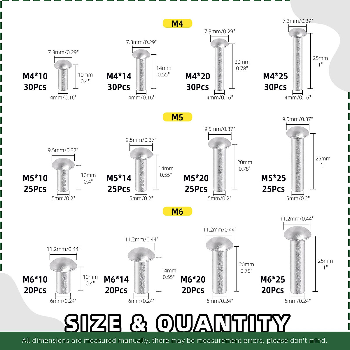Keadic 300Pcs 12 Sizes Solid Aluminum Brazier Head Rivets Assortment Set, M4 M5 M6 10mm 14mm 20mm 25mm Length Aluminum Rivets Fastener for Household Machinery Automobile Industry