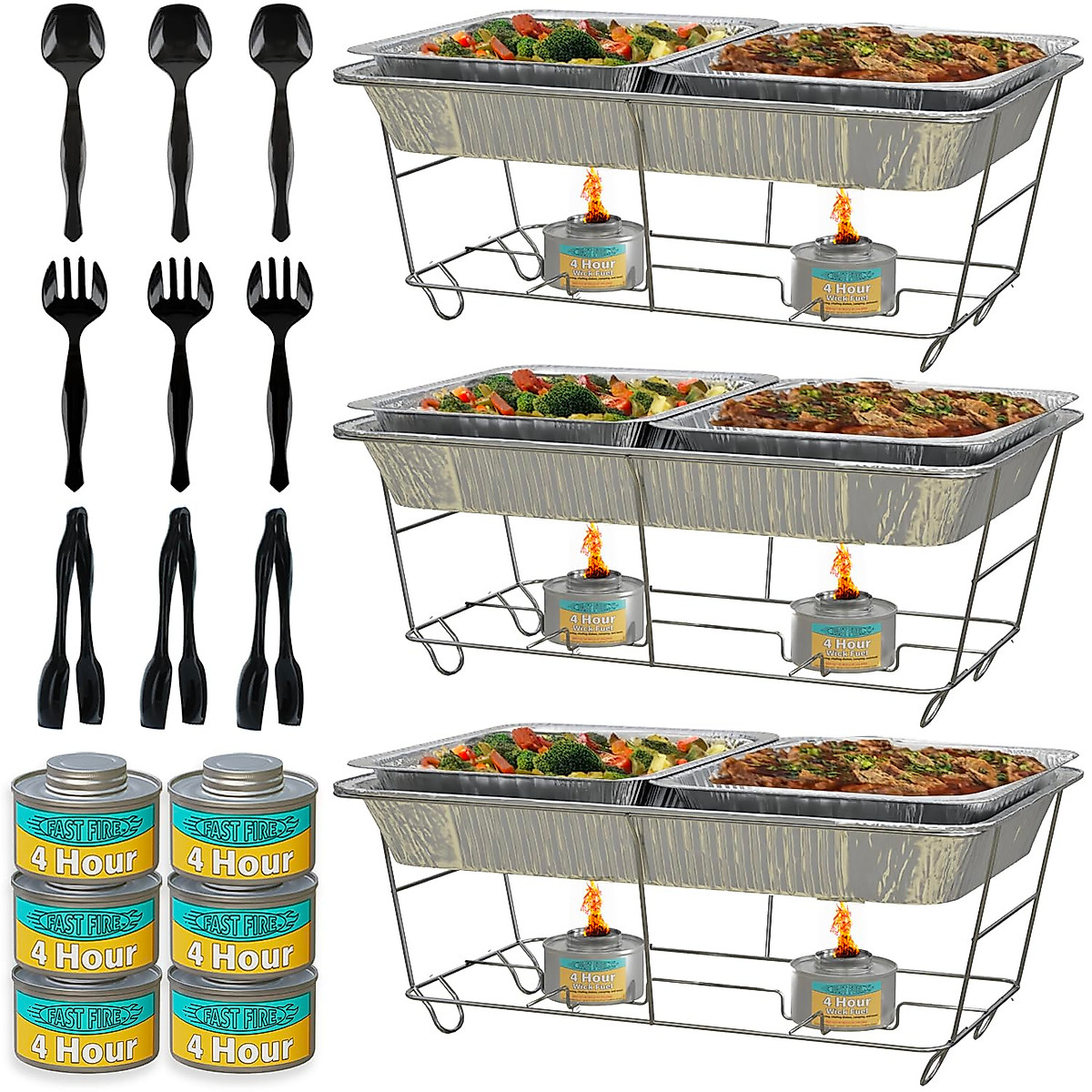 3-Pack Disposable Chafing Dish Buffet Set + Fuel + Serving Utensils - Full Size Buffet Warmers with 6 Half Size Food Pans, 4 Hour Fuel Cans, 9 Serving Utensils, Frame, for Catering and Parties