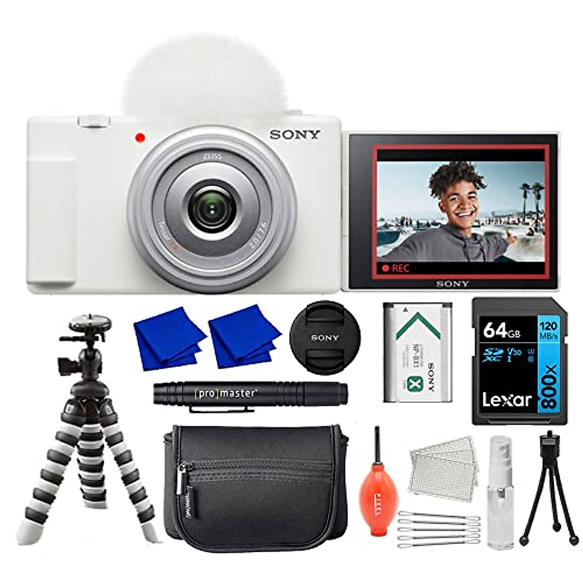 Sony ZV-1F Vlogging Camera (White) with Advanced Accessory and Travel Bundle