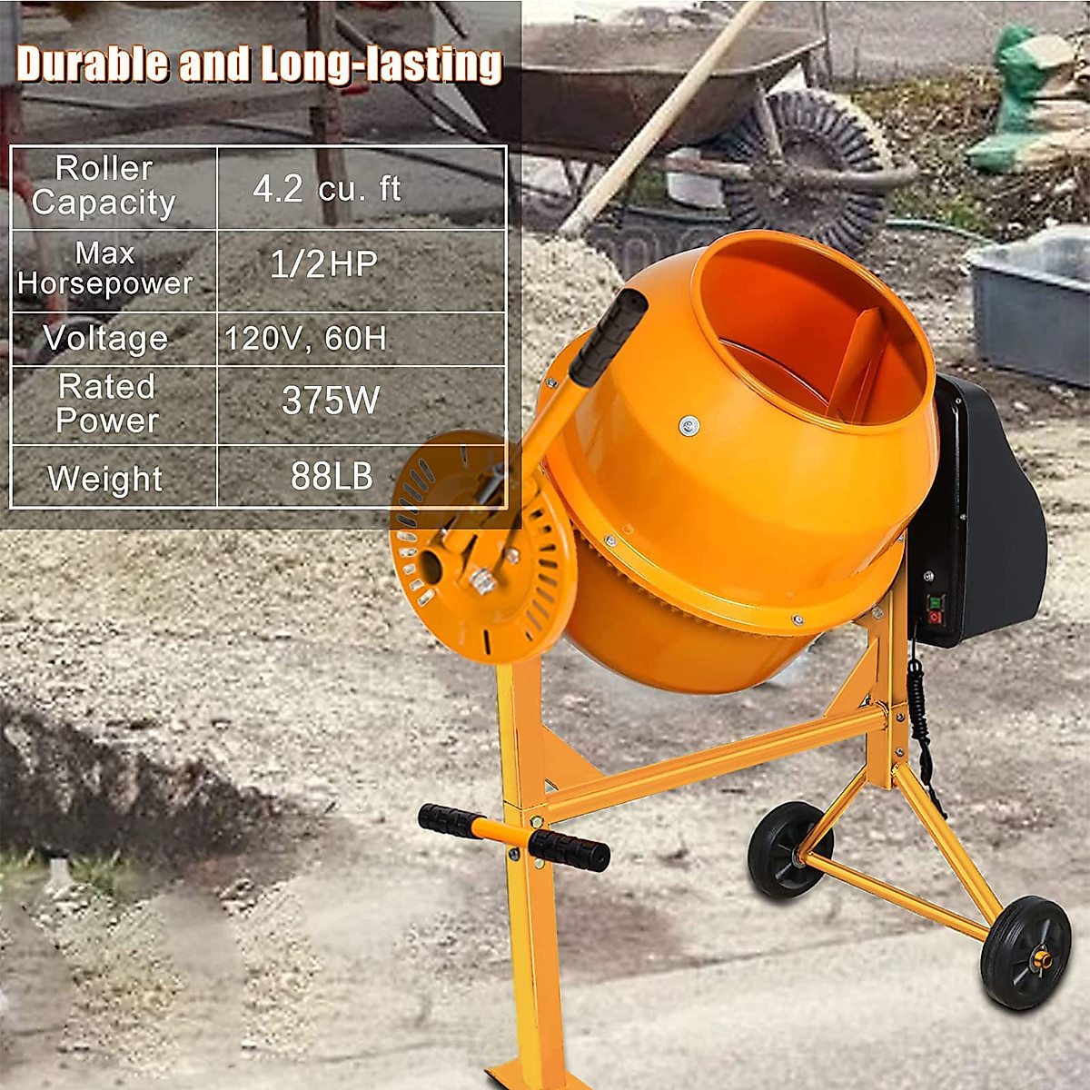 Generic Portable 4.2 Cu Ft Concrete Cement Mixer, 1/2 Hp Electric Mixer Machine with Wheel & 120L Freestanding Barrow Machine, Mixing Tools for Stucco Mortar (Yellow) 41.4 x 28 x 52.8 Inches (Gen120)