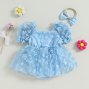 VISGOGO Baby Girl Tulle Dress Romper Sleeveless Onesie Knot Pleated Bodysuit Newborn Mesh Princess Outfits (D-Blue, 3-6 Months)