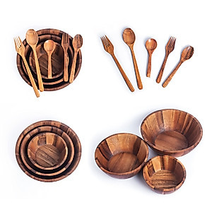 Large Acacia Wood Nesting Round Set 3 Serving Bowls 9½” 8½” 7” with Utensils Wooden Forks and Spoons Mix size Stackable Dish for Fruit Salad Vegetables Pasta Soup Cereals Decorative Wooden Nest Bowl