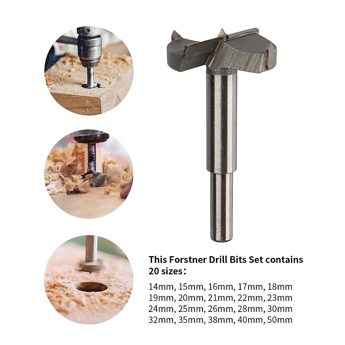 Rocaris 20Pcs Forstner Drill Bits, Tungsten Steel Woodworking Hole Saw Set, Wood Cutter Auger Opener Round Shank Drilling Cutting Tool (14mm-50mm)