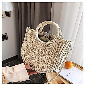 Rattan Handmade Straw Tote Handbag Beach Shoulder Bag Summer Beach Rattan Bag Straw Bag (White)