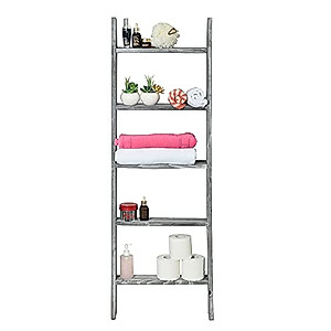 ExoLiry Rustic Stone Gray Wood Wall Leaning Ladder Wooden Display Rack 4.5 Feet Blanket Quilt Scarf Towel Laundry Decor 5 Rungs Farmhouse Country Style Home Bathroom Kitchen Bedroom Living Room