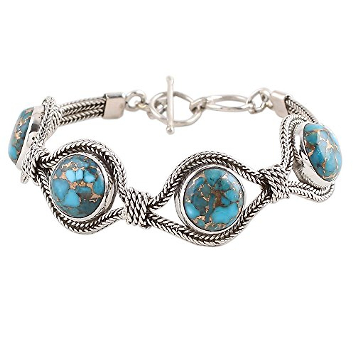 NOVICA Handmade .925 Sterling Silver Link Bracelet Composite Turquoise Reconstituted Blue India Island Paradise Gemstone [7 in min L x 7.5 in max L x 0.7 in W] 'Heavenly Blues'