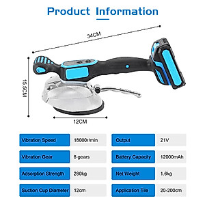 YJINGRUI Tile Vibration Machine, 18000r/min 6 Gears, 21V 12000mA, Hand-held Tile Tiler Tool, Upgrade Digital Display, with 2pcs Li-On Rechargeable Batteries