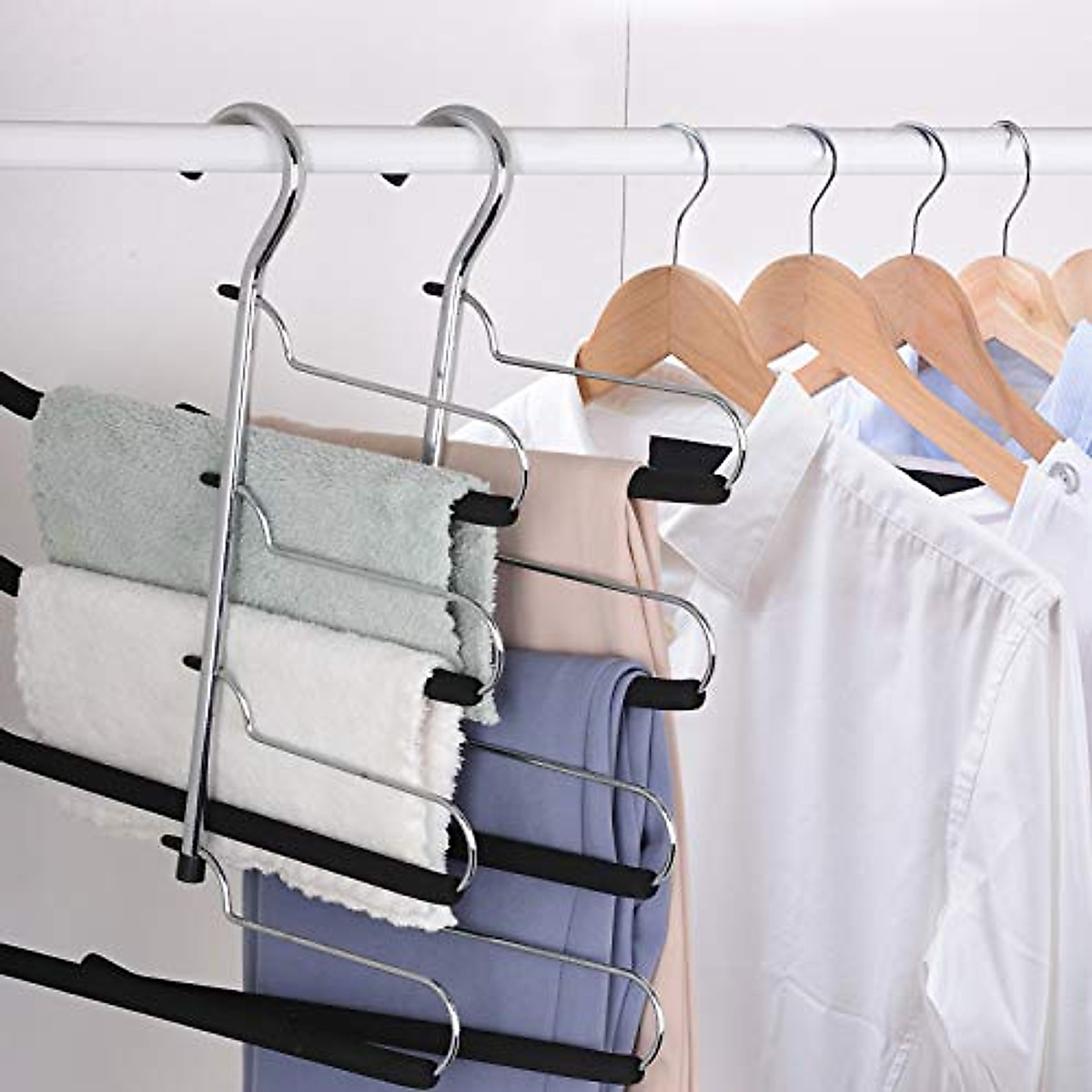HOUSE DAY Pants Hangers 4 Layers Space Saving Multi Functional Pants Rack Non-Slip Clothes Closet Storage Organizer for Pants Jeans Trouser Skirts Scarf Black (4 Pack)