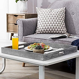 MyGift 19-inch Large Square Rustic Whitewashed Gray Wood Ottoman Tray with Cutout Handles