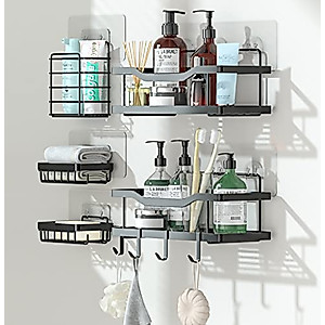 Lufia 5-Pack Shower Caddy, Adhesive Bathroom Organizer, No Drilling, Large Capacity, Rustproof Stainless Steel Bathroom Shower Organizer with 4 Hooks, Shower Shelf for Inside Shower, Black