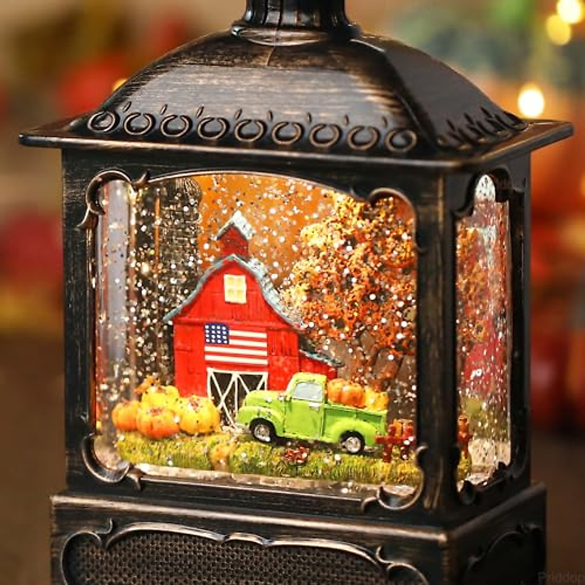 Priddop Fall Snow Globe Lantern - Red Barn Truck Pumpkin Farm Glittering Autumn Harvest Decorations for Home, Thanksgiving
