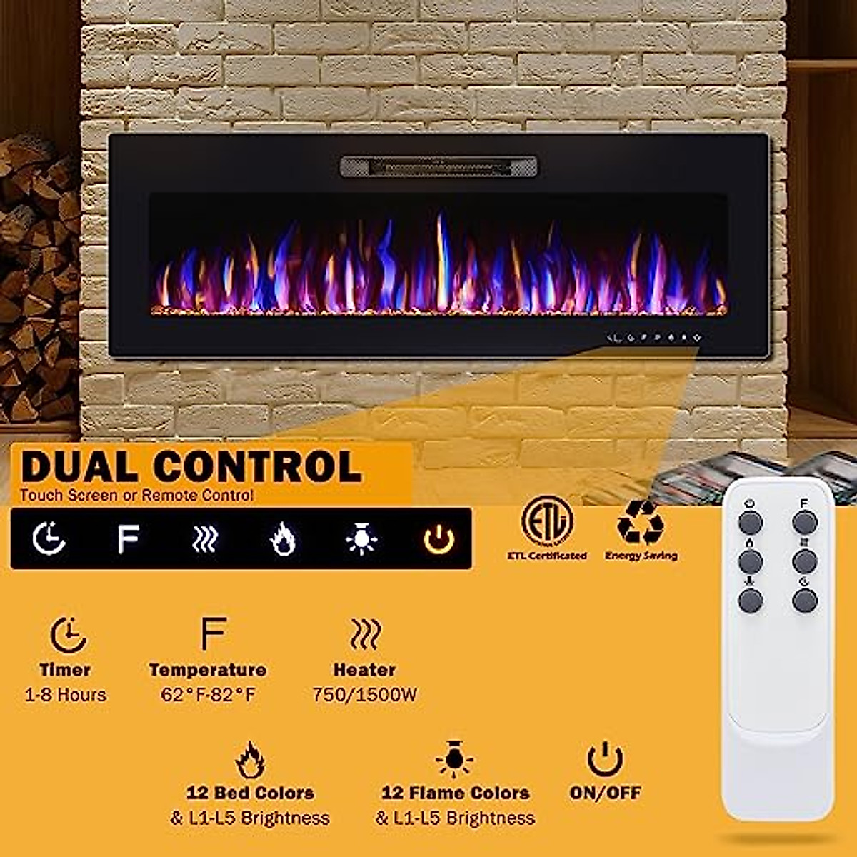 BETELNUT 50" Electric Fireplace Wall Mounted and Recessed w/144 Combination Colors & 5 Brightness,750/1500W Fireplace Heater w/Timer,Low Noise,Remote Control & Touch Screen,Log Set & Crystal Option