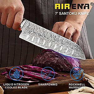 AIRENA Santoku Knife - 7" Japanese Style Kitchen Knife - X50CrMov15 German Steel Blade & Full Tang Ergonomic Pakkawood Handle - Best Value Ultra Sharp Cooking Chef Knife Giftbox