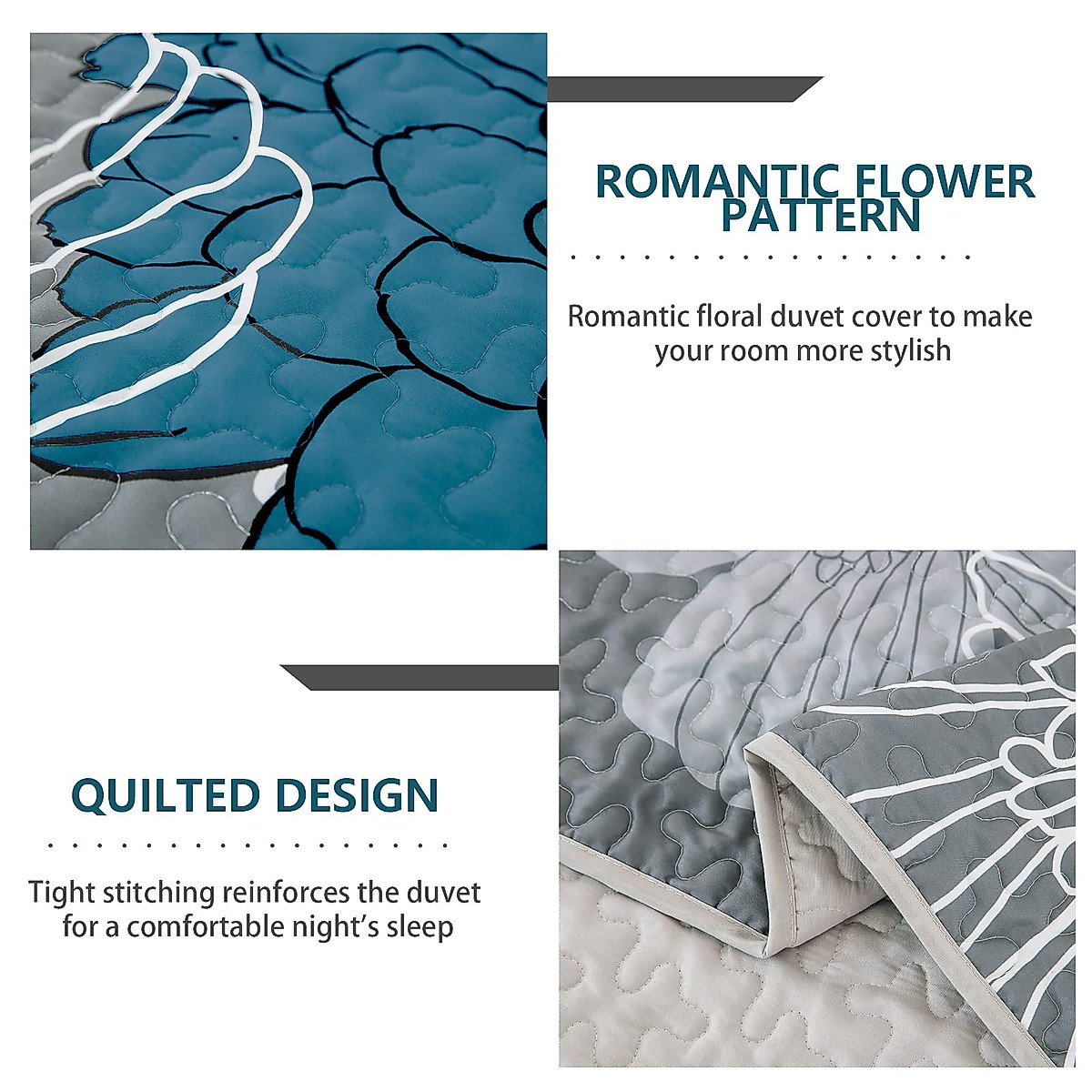 Floral Quilt Set Queen Blue Boho Bedspread 3 Pieces Soft Lightweight Coverlet with 2 Pillow Shams for All Season 96"x90"