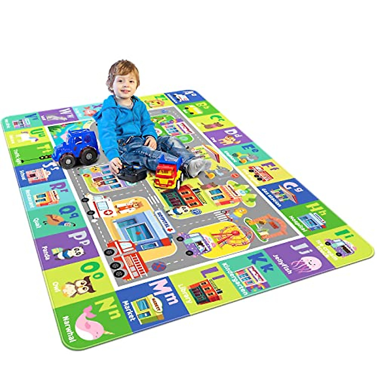LTKOUGFAM Baby Playmat for Floor, Soft Plush ABC Kids Play Rug for Toddlers & Infants Baby Floor Mats, Kids Car Rug Mat with City, Large Non-Slip Area Rug for kids Room Playroom Bedroom (59X39.4 INCH)