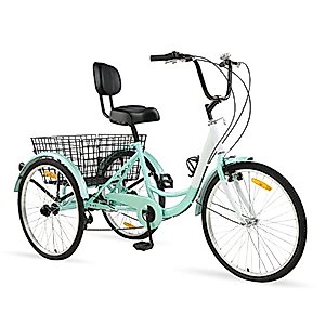Foxtell Adult Tricycle 7 Speed Three Wheel Adult Trike Cruiser Bikes, 20/24/26 inch Wheel Options, Low Step-Through Steel Frame, Shopping Basket, Multiple Colors (20" Wheel/7-speed, Cyan)