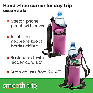 Smooth Trip AquaPockets Water Bottle Carrier Bag - Insulating Neoprene Bottle Holder with Phone Case, Pockets and Adjustable Strap for Walking and Hiking - Fits up to 40 oz. Bottles