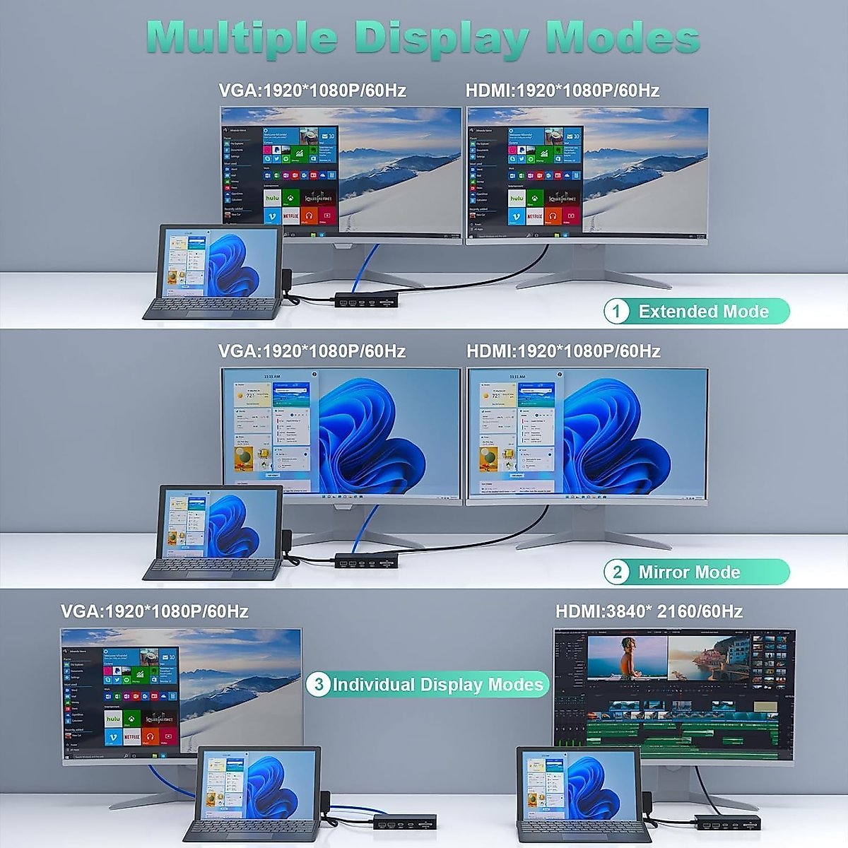 MTAKYI Surface Dock Triple Display with Power Supply, 12 in 1 Surface Pro Docking Station Dual 4K HDMI+VGA for Surface Pro 9/8/X/7/6/5/4/3, Surface Laptop go/5/4/3/2/1 USB C Splitter
