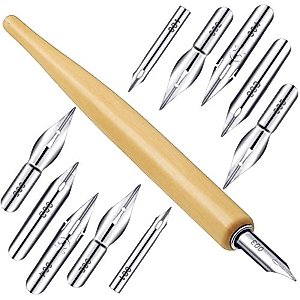 11 Pieces Comic Pen Nib Set, G-Pen Ink Nib Stainless Steel Drawing Comic Pen Nib Calligraphy Nibs with Wooden Comic Pen Nib Holder for Writing, Painting, Signing(White)