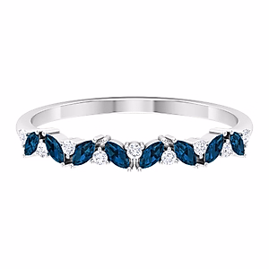 Rosec Jewels London Blue Topaz and Diamond Ring, Alternate Blue Topaz Semi Eternity Ring, 14K White Gold, Size:US 5.50