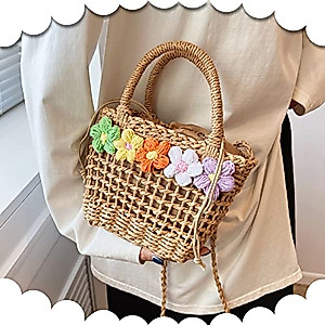 QTKJ Straw Bag Beach Bag small crossbody bags for women Bohemian Handmade Flowers Woven Bag(Khaki)