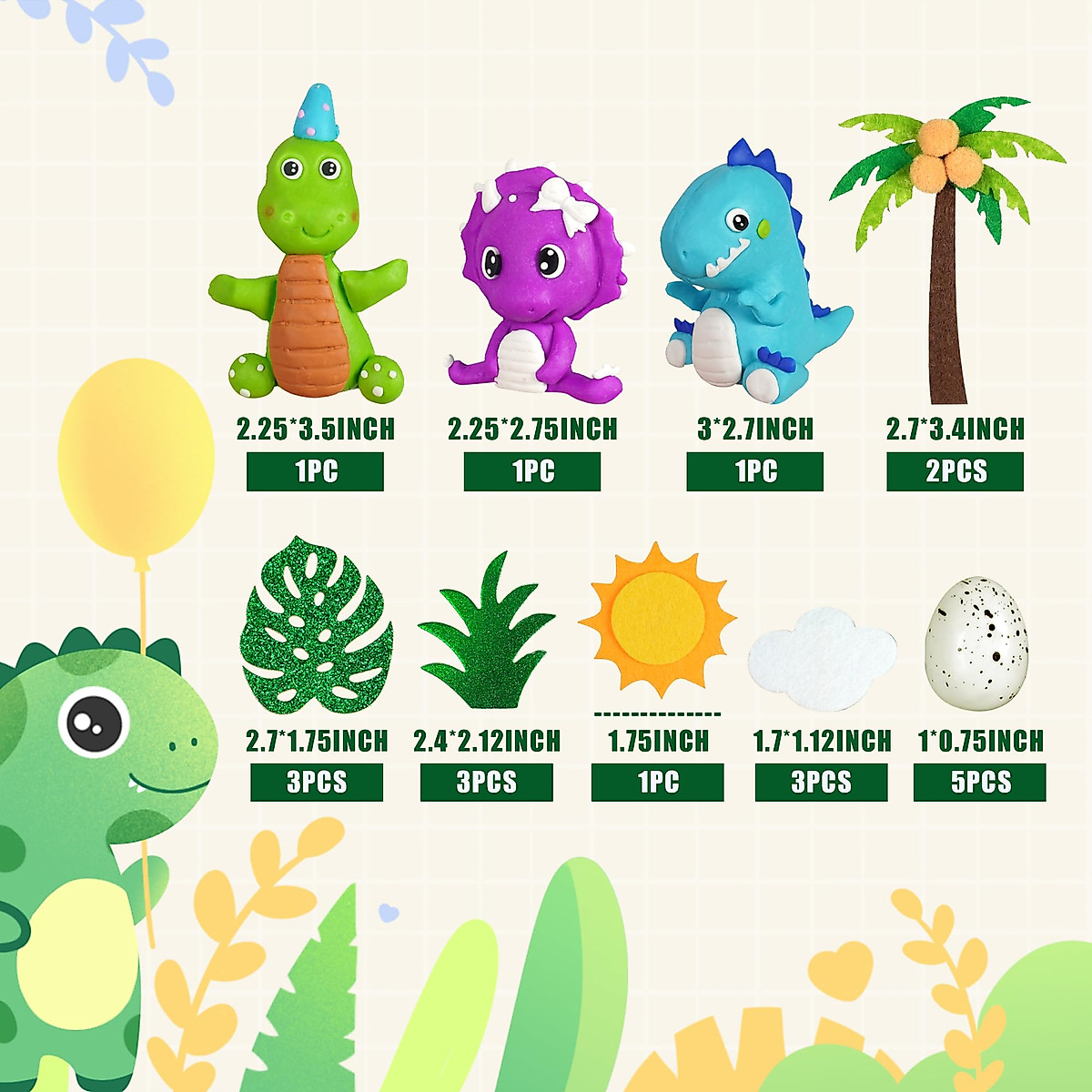 Dinosaur Cake Toppers Clay Dinosaurs Palm Leaves Dinosaur Eggs for Boy Girl Kid Birthday Baby Shower Dinosaur Theme Jungle Party Supplies (Multicolor)