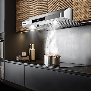 AMZCHEF Under Cabinet Range Hood 30 Inch, 700CFM Stainless Steel Kitchen Stove Vent Hood 3 Speed Exhaust Fan Touch/Remote Control LED lights Time Setting Dishwasher-Safe Baffle Filters