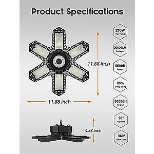 SEOBIOG 2 Pack Plug in Garage Light, Upgraded 200W 20000LM Linkable LED Shop Light, 6500K Ceiling Lights w/ 6 Deformable Panels for Garage, Warehouse, Barn, Basement (Built-in ON/Off Switch)