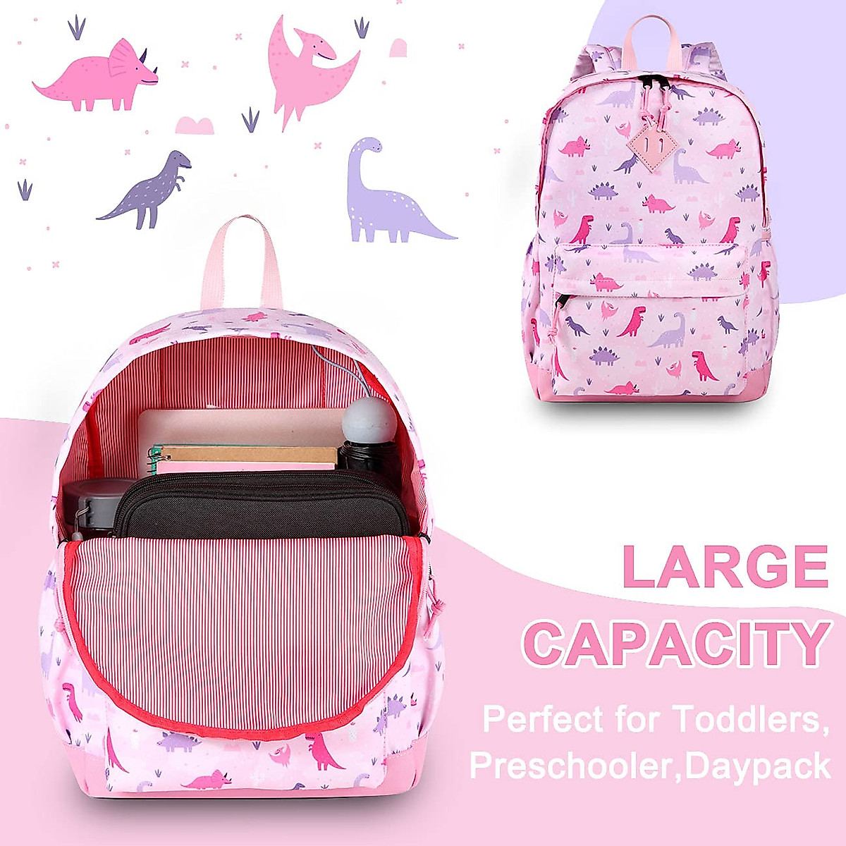 VASCHY Toddler Backpack for Girls, Cute Lightweight Water Resistant Preschool Backpack for Kindergarten Little Girls Bookbag Dinosaur