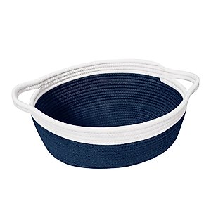 Goodpick Small Woven Basket Cute Navy Blue Rope Basket Cotton Basket Woven Storage Basket Cat Toy Basket Nursery Basket with Handles for Bedroom 12"x 8" x 5" Oval Candy Color Design, (Pack of 1)