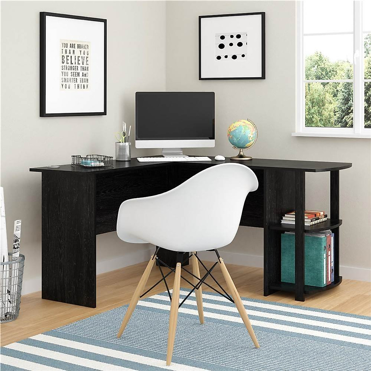 DESIGNSCAPE3D L-Shaped Computer Desk with 2-Tier Shelves, Right-Angle Corner Office Desk Wood - Black