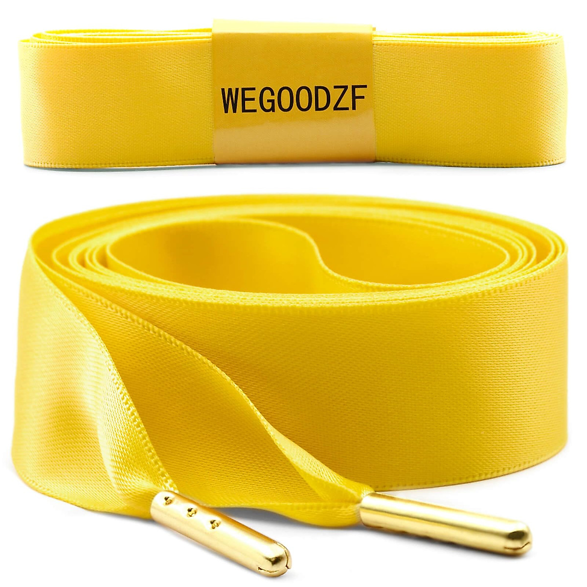WEGOODZF Ribbon Satin Sneakers Shoelaces: 2 Pair 22mm Wide 47 inch Yellow + Gold Metal Tips Flat Silk Shoe Laces