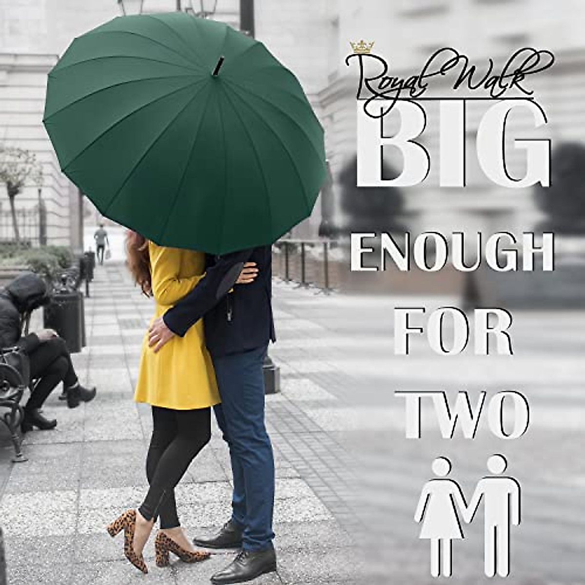Royal Walk Large Windproof Umbrella for 2 People, 54 Inch, Dark Green, Auto Open, Wooden Handle, 16 Ribs, Travel Size