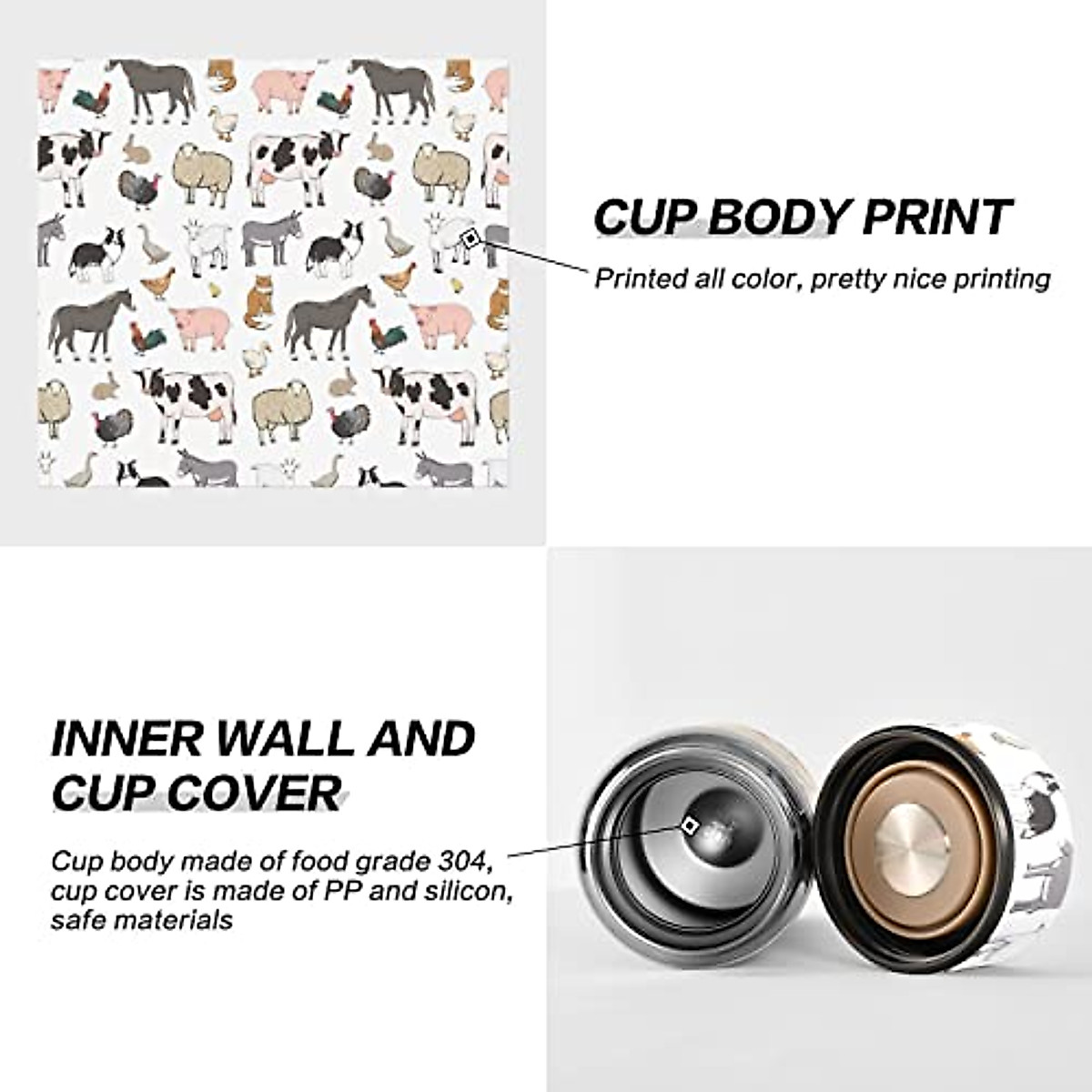 CaTaKu Farm Yard Animals Water Bottle Insulated 16 oz Stainless Steel Flask Thermos Bottle for Coffee Water Drink Reusable Wide Mouth Vacuum Travel Mug Cup