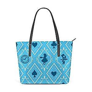 Kuizee Tote Handbag Shoulder Bags Zipper ﻿Wonderland Blue Big Capacity PU Leather Decoration Casual School Shopping Fashion 15.7In