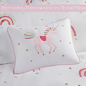 Mi Zone Kids Twin Bed in A Bag for Girls, Unicorn Comforter Set Twin & Sheet, All Season Bedding, Fun & Whimsical Metallic Rainbow Comforter Set Twin, Sham, Throw Pillow, Alicia, Twin, White 6 Piece