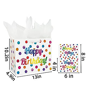 13" Large Happy Birthday Gift Bag with Card and Tissue Papers for Kids Colorful Dots Design with Handles