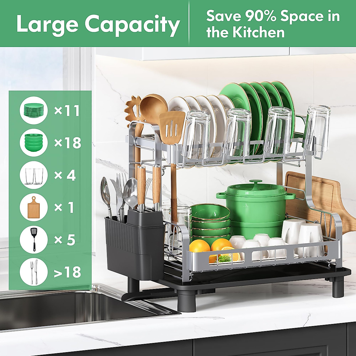 romision Stainless Steel Dish Drying Rack, Dish Racks for Kitchen Counter, Two Tier Dish Drainers with Cutlery Holder and Cup Rack, Large Dish Dryer Rack for Saving Space, Grey