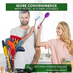 HOTEC Heat Resistant Silicone Kitchen Utensils, Cooking Utensil Set, Spatula Set, BPA Free, Kitchen Gadgets, with Stainless Steel Utensils Holder, Dishwasher Safe, 14pcs Multicolor