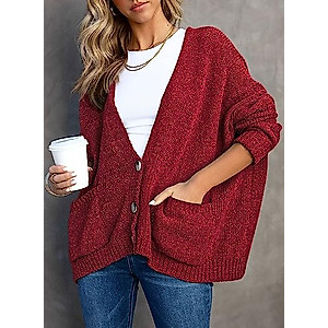 Sidefeel Fall Sweaters for Women 2023 Long Sleeve V Neck Button Bown Open Front Casual Oversized Chunky Knit Pullover Sweaters Medium Burgundy