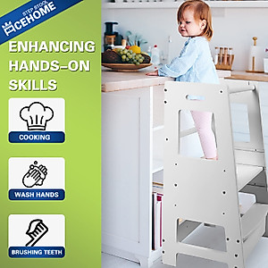 ACEHOME Toddler Kitchen Stool, Toddler Tower with Safety Rail, Toddler Stool for Kitchen Counter, Adjustable Height Little Helper Tower, Kitchen Stool for Toddlers 18 Months and Older, White