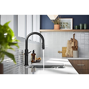 KOHLER 22972-BL Crue Pull Down Kitchen Faucet, Kitchen Sink Faucet with Pull-Down Sprayer, Pull-Down Kitchen Sink Faucet with Multi Function Spray Head, Matte Black