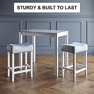 Nathan James Viktor 3 Piece Dining Set, Heigh Kitchen Counter Pub or Breakfast Table with Marble Top and Fabric Wood Base Seat, Light Gray/White