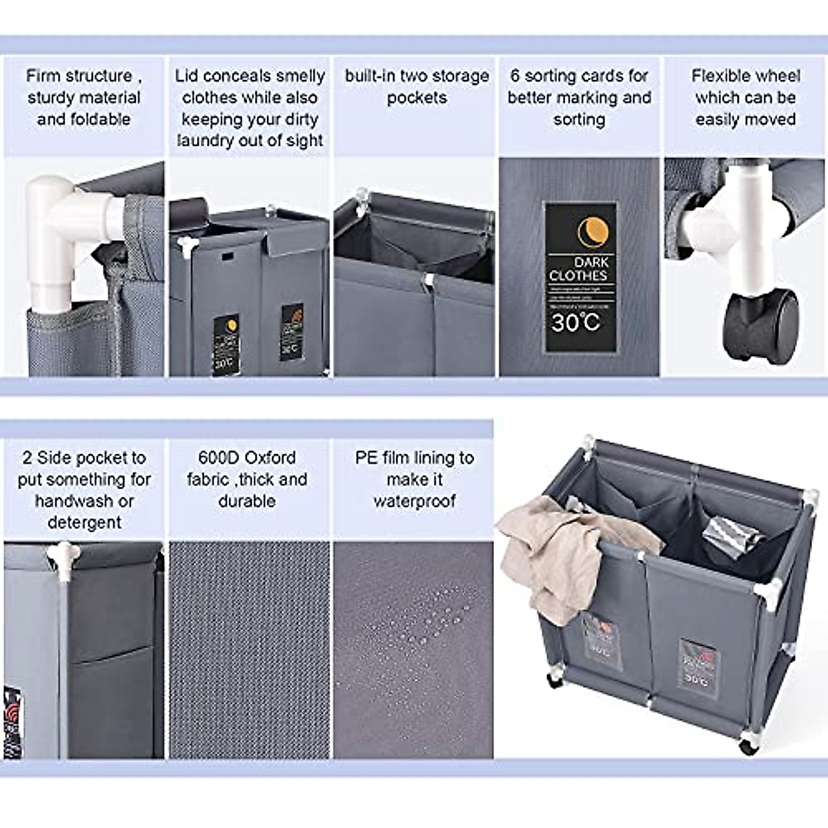 2-Tier Laundry Hamper 110L Large Oxford Clothes Basket Sorter with Rolling Wheels, Lid and Sorting Cards for Clothes & Toys Storage, Grey HG615