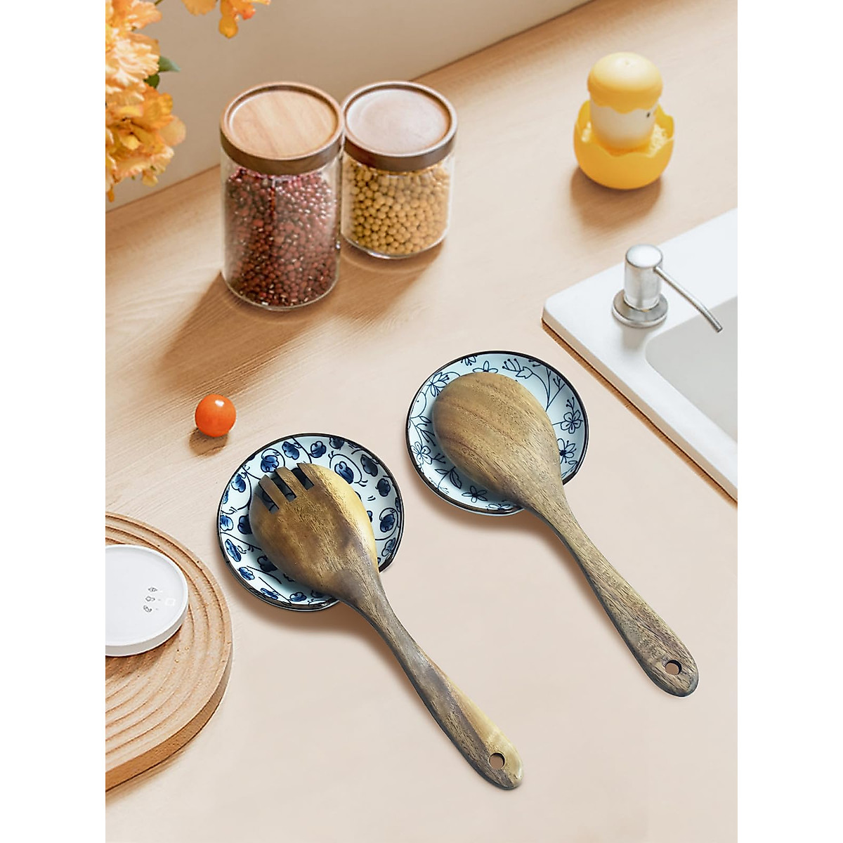 TAOCIGOU Ceramic Spoon Rest for Stove Top, 4.8" Spoon Rest for Kitchen Counter, Coffee Spoon Rest Holder, Cooking Ceramic Utensil Holder for Spatula Ladle Tongs, Set of 4 (Blue Flower)