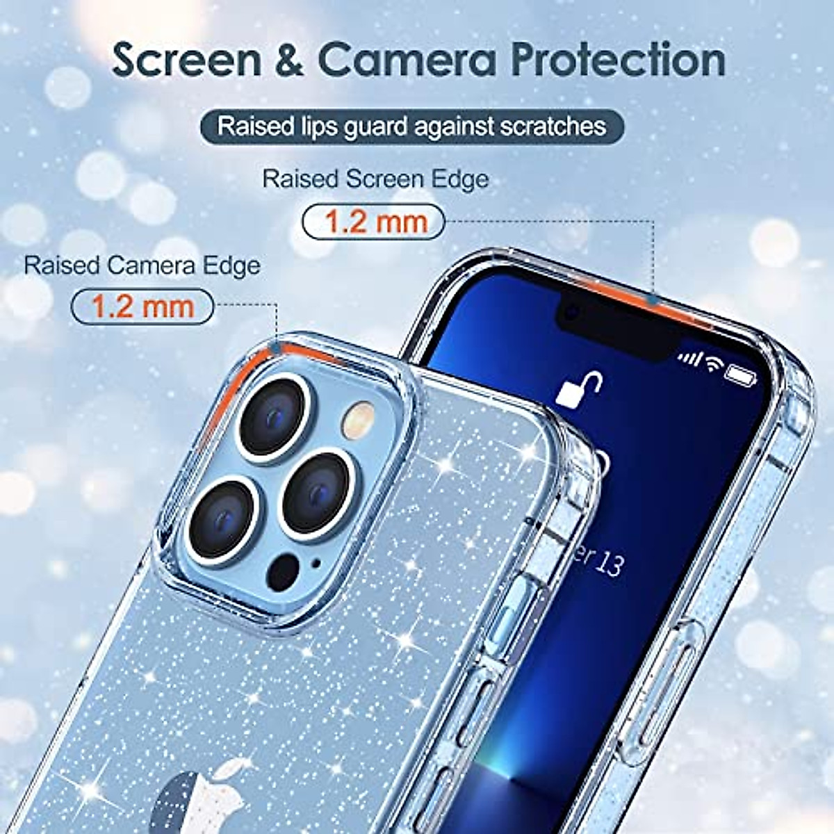 Hython Case for iPhone 13 Pro Max Case Glitter, Cute Sparkly Clear Glitter Shiny Bling Sparkle Cover, Anti-Scratch Hard PC Slim Fit Shockproof Protective Phone Cases for Women Girls, Clear Glitter