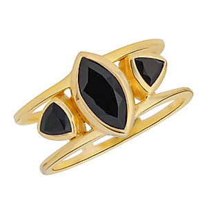 YoTreasure Black Onyx Solid 14K Gold Plated Over 925 Silver 3 Stone Ring (10)