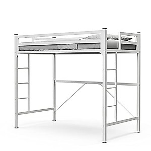 IKIFLY Junior Metal Twin Loft Bed Frame/Two Build-in Ladders & Safety Guard Rail - for Adults/Teens - Easy Assembly, Space-Saving Design - White